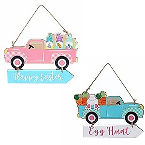 Kylo's Korner 2 Pack Happy Easter Hanging Wooden Signs Egg Hunt Decorations Ornament Wall Plaque Party Door Hanger Bunny Truck Pink and Blue, 18CM Length 12CM Height