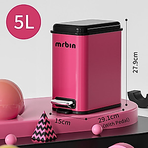 MRBIN Small Metal Bathroom Trash Can with Black Lid, Slim 5L/1.6 Gal Waste Basket for Bedroom, Touchless Garbage Bin with Stainless Steel Pedal for Narrow Kitchen, Office Retro Decor, Berry Pink