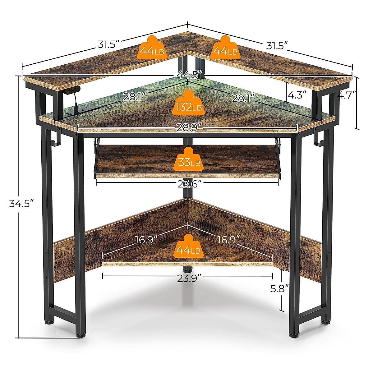 Rolanstar Corner Desk, 44.5" W x 34.5" H Small Computer Desk with Power Outlets, Gaming Desk with LED Lights, Triangle Corner Desk with Keyboard Tray & Monitor Stand for Small Space, Rustic Brown
