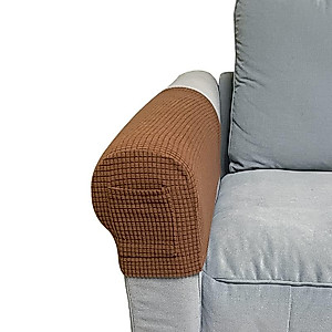 Garayma Sofa Armrest Covers Arm Slipcovers with a Pocket Elastic Sofa Armrest Protector Removable Couch Arm Covers for Sofa Anti-Slip Armrest Covers Christmas Furniture Deco Pack of 2 (Coffee)