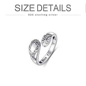 PROESS Sterling Silver Spoon Ring with Oxidized Open Wrap Ring Spoon Ring for Women Girls Couple, Size 7