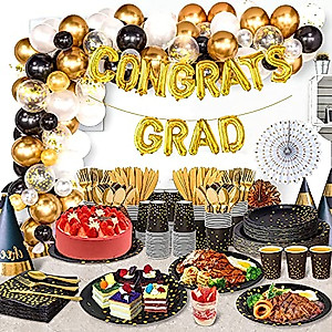 350PCS Black and Gold Party Decorations, 50 Guests 2023 Graduation Party Prom Decorations Gold Plastic Forks Knives Spoons Party Paper Plates Napkins Cups for Party Birthday New Year