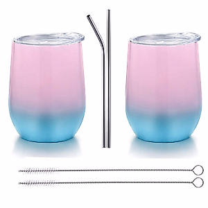 12 oz 2Pack Wine Tumbler with Lid, Double Wall Vacuum Insulated Stemless Glass, Stainless Steel Wine Cup with Straw and Straw Brush for Wine, Coffee, Drinks, Champagne, Cocktails (Colorful 1)