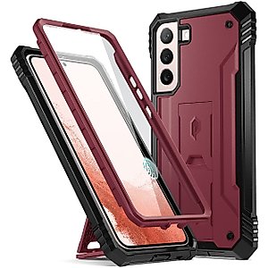 Poetic Revolution Case for Samsung Galaxy S22 5G 6.1 inch, Built-in Screen Protector Work with Fingerprint ID, Full Body Rugged Shockproof Protective Cover Case with Kickstand, Maroon Red