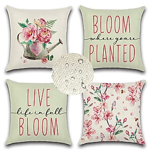 Ohok Spring Summer Outdoor Waterproof Pillow Covers 18x18 Set of 4 Farmhouse Decor Pillow Covers Flowers Live Bloom Outdoor Patio Throw Pillow Covers for Patio Funiture Garden Bed Couch Sofa