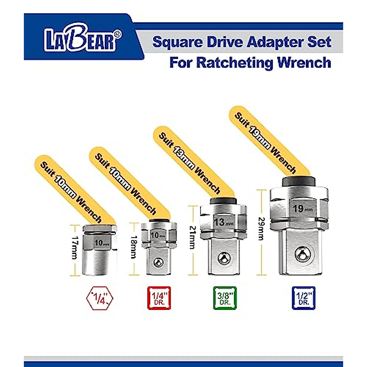 LABEAR- 4pcs Ratcheting Wrench to Square Drive Adapter Set