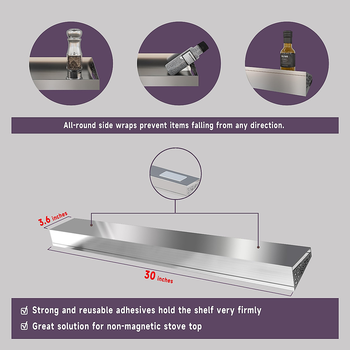 STUTOV Stove Top Shelf for Stove Top, 30" Length, Spice Rack Organizer Over the Stove, Spice/Condiments/Seasoning Shelf for Kitchen Organization (Non Magnetic Stainless Steel)