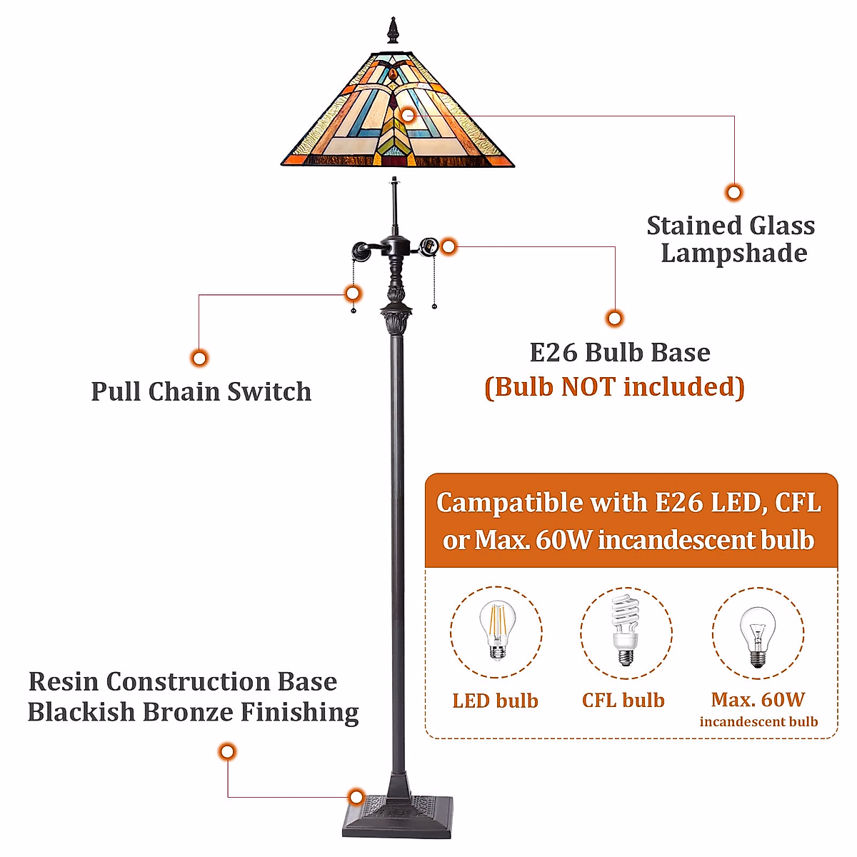 Thatyears Tiffany Floor Lamp 2-Light 16" Wide Mission Antique Style Stained Glass Lampshade for Living Room Bedroom
