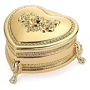 Hipiwe Vintage Metal Jewelry Box with Antique Flower Carved, Small Heart Shape Trinket Organizer Box Earrings Rings Necklace Bracelet Storage Holder, Keepsake Gift Box for Girl and Women