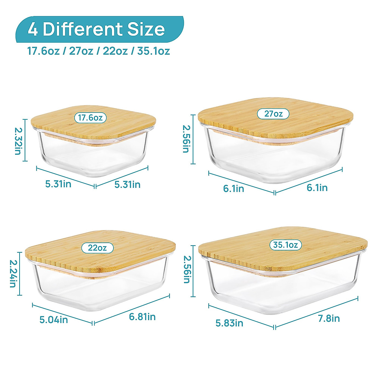 Vtopmart Glass Food Storage Containers with Bamboo Lids, 4 Pack Meal Prep Glass Containers Bento Lunch Box, Safe for Microwave, Oven, Freezer and Dishwasher, BPA Free