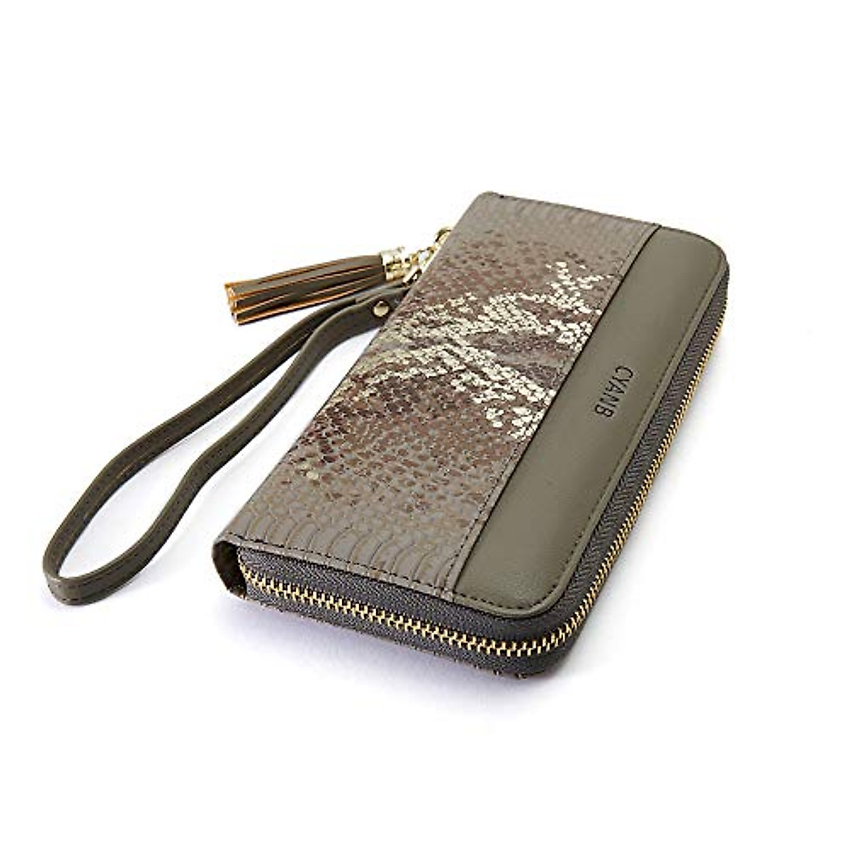 CYANB Women Wallets Tassel Bifold Ladies Cluth Wristlet Wrist strap Long Purse Snake Print Sequins Dark Brown