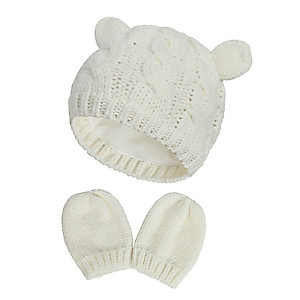 Unisex Baby Toddler Hat and Mitten Set Winter Knitted Thick Warm Beanie Cap Gloves for Infant Boys Girls (White, M (3-6 Months))