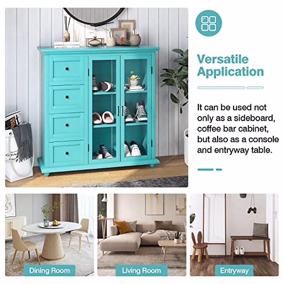 Giantex Buffet Sideboard with Storage - Kitchen Pantry Cabinet with 2 Doors, 4 Drawers, Adjustable Shelf, Freestanding Cupboard Credenza for Kitchen Living Room (Green)