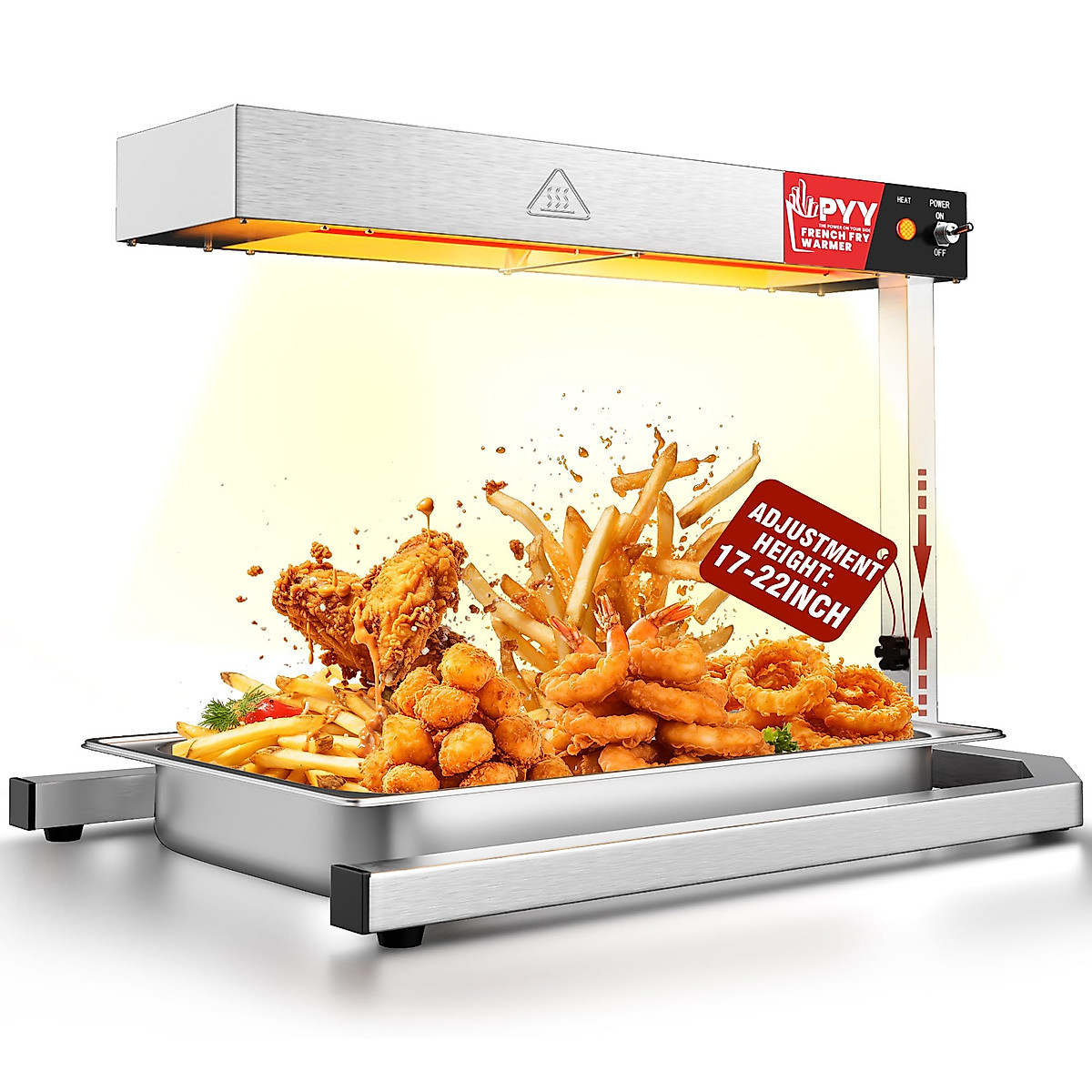 PYY Food Heat Lamp - Adjustable Height Food Warmer with U Shape Base Stand,Commercial Countertop Food Warming Light with Stand for French Fries Electric Heating Radiation,500W Stainless Steel Silver