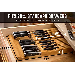 In-Drawer Bamboo Knife Block Holds 16 Knives (Not Included) Without Pointing Up PLUS a Slot for your Knife Sharpener! Noble Home & Chef Knife Organizer Made from Quality Moso Bamboo