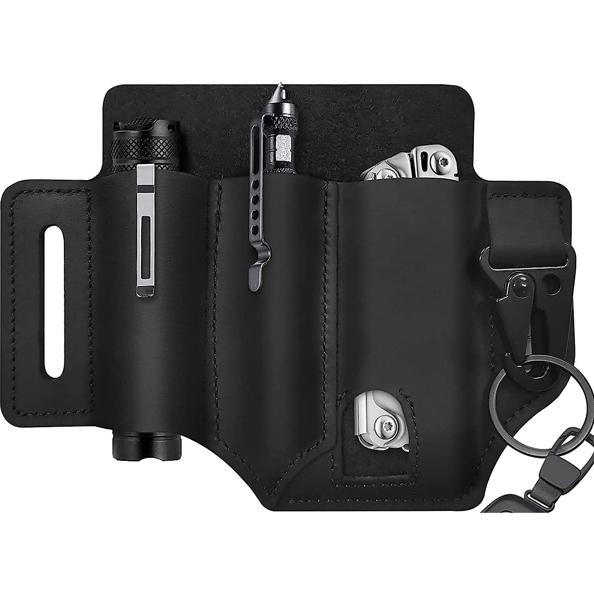 Leather Multitool Sheath for Belt, EDC Belt Organizer for Men, Multi Tool Holster with Tactical Pen Holster, Flashlight Holster, Key Holder