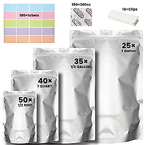 SOFTGAS 150 Pack Mylar Bags for Food Storage with Oxygen Absorbers & Labels, Resealabel Ziplock Food Grade Bags for Long Term Food Storage (4 size 4.3 * 6.3/6 * 9/7.5 * 11.5/10 * 14)