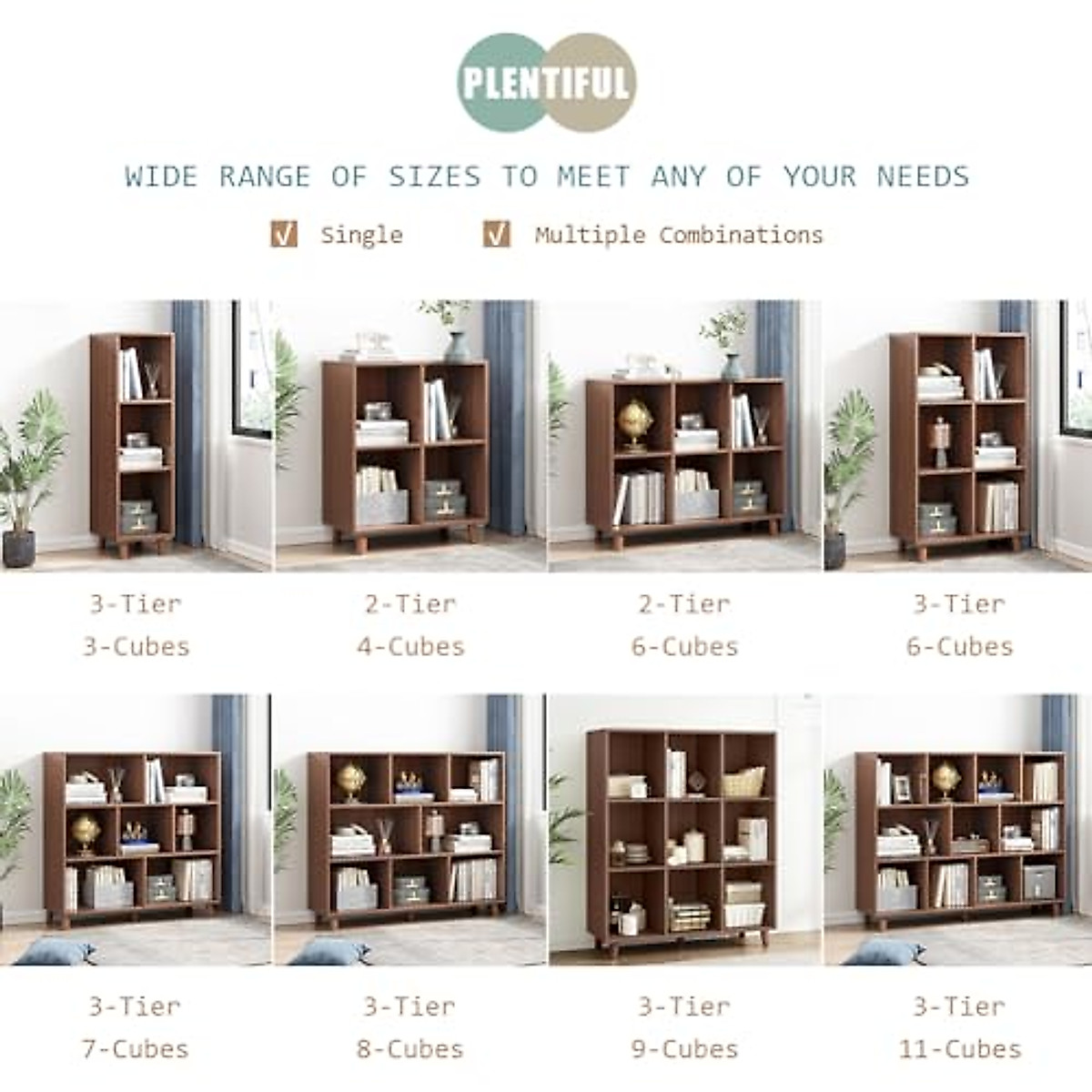 IOTXY Freestanding Open Cubes Bookcase - 2-Tier Floor Standing Wooden Storage Display Cabinet Organizer with Legs for Home Office, 6-Cubes Open Shelf Low Short Bookshelf, Walnut