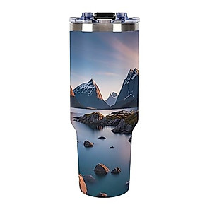 LLUTSNTH 40 Oz Vacuum Tumbler with Deep Blue Handle Leakproof Insulated Tumbler Norway Islands Stainless Steel Travel Mug with Lid And Straw Coffee Cup Cute Water Bottles Cup Holder Friendly