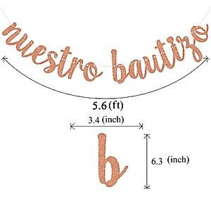 Nuestro Bautizo Banner, Spanish Baptism Party Decorations, First Holy Communion Decor, Kid's Birthday Baby Shower Party Decoration Supply Rose Gold Glitter