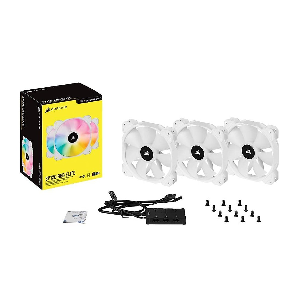 CORSAIR iCUE SP120 RGB ELITE Performance 120mm PWM Triple Fan Kit with iCUE Lighting Node CORE - White