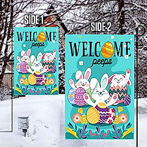 Q-Leo Easter Flag, Set 2 House Flag 28 X 40 And Garden Flag 12 x 18 Double Side, Small Garden Flags Decorations For Outside, Yard Outdoor Decor With 3 Bunny and Welcome Signs