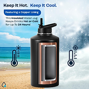 AQUAFIT Insulated Water Bottle 64 oz - Water Bottle Stainless Steel - 64 oz Water Bottle - 64 oz Insulated Water Bottle with Straw - Half Gallon Water Bottle Insulated Growler (74oz, Midnight Black)