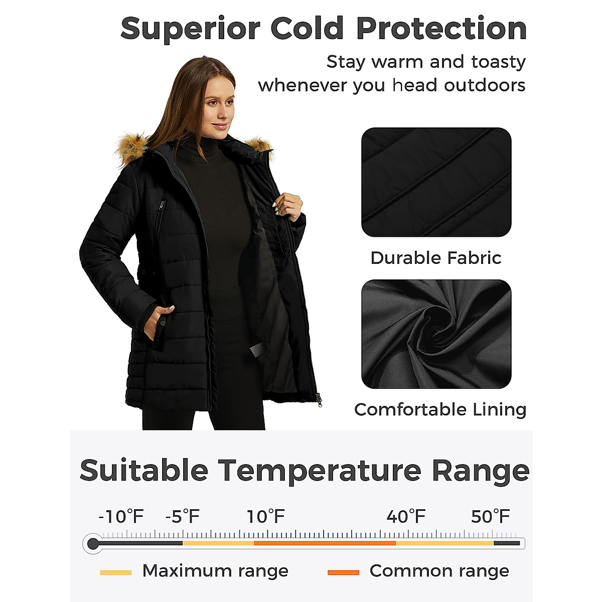 wantdo Women's Winter Warm Long Parka Coat Thicken Outerwear with Hood Black M