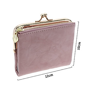 Micro Traders Women Wallet PU Leather Bifold Purse with Zipper and Kiss Lock Bank Card Storage Bag Vintage Small Compact Multifunctional Coin Pocket 12x10cm Pink