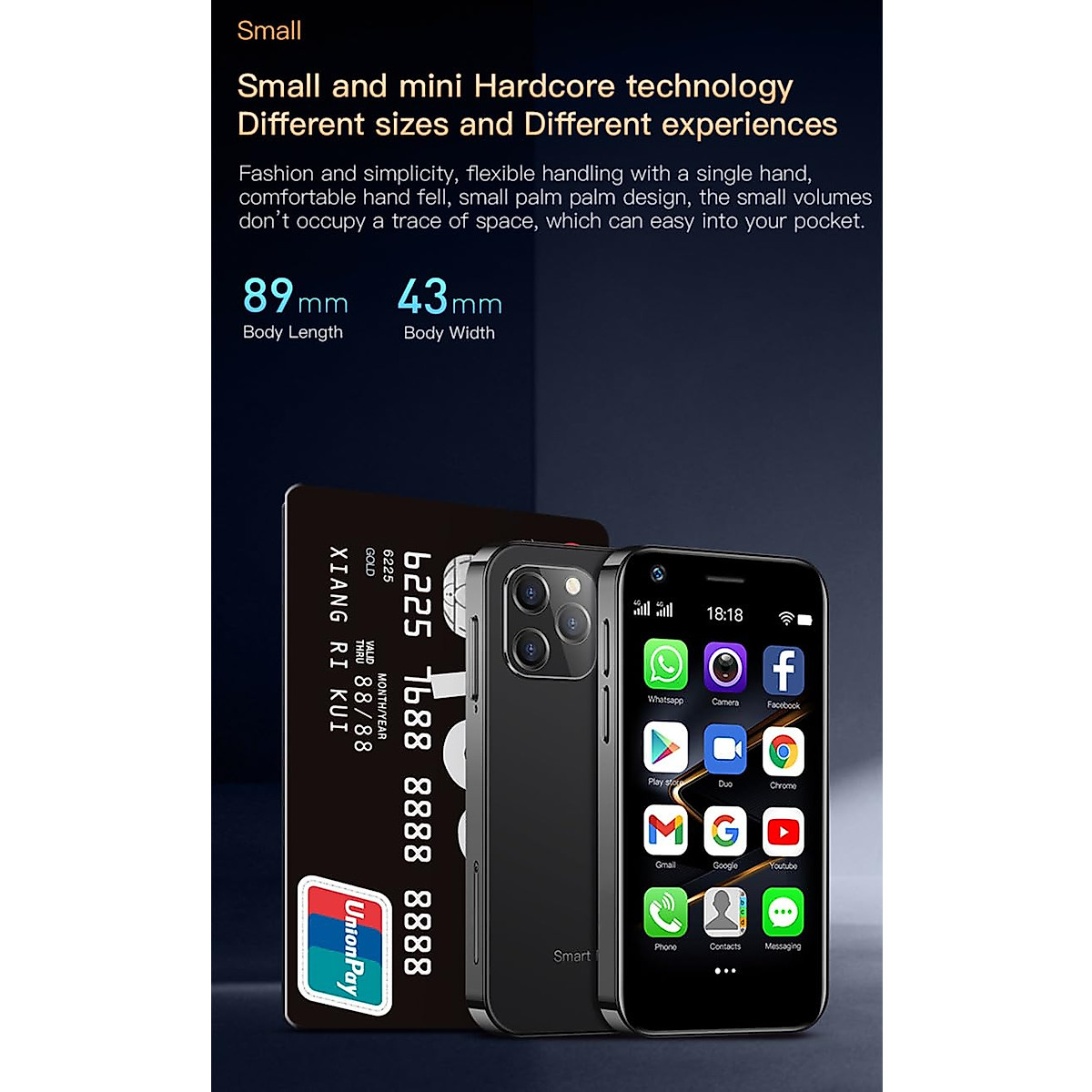 XS12 Pro Super Mini 4G LTE Smartphone 3.0-inch Display 3GB RAM 32GB/64GB ROM 8 Core Android 10.0 Dual SIM 2000mAh 13MP with Google Play Store Backup Small Mobile Phone (Black, 4GB+64GB)