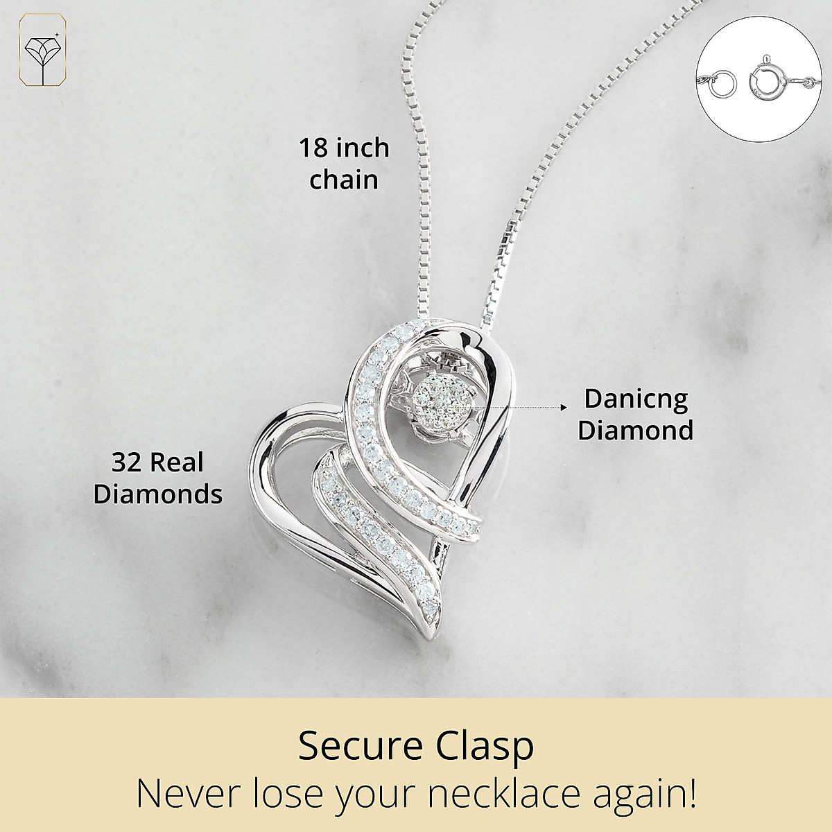 MAX + STONE 1/6 Carat Natural Diamond Love Wrapped Dancing Diamond Heart Pendant Necklace for Women | 18” Sterling Silver Diamond Necklace for Women | Real Diamond Heart Necklace for Women