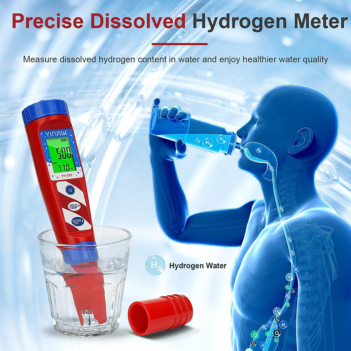 Hydrogen Water Tester, YINMIK 2024 Hydrogen Tester, Digital Hydrogen Water ppb/ppm Meter, Dissolved Hydrogen Test Pen, Accurate ORP Tester, 4 in 1 pH H2 ORP Temp Test kit for Hydrogen Water Bottle