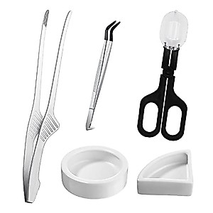 Woyrise 3Pcs Reptile Feeding Tongs, Long Stainless Steel Tweezers, Rubber Tipped Tweezers, Bug Scooper Cricket Clamp, 2Pcs Reptile Food Bowl Water Dish for Lizard,Gecko,Spider,Snakes