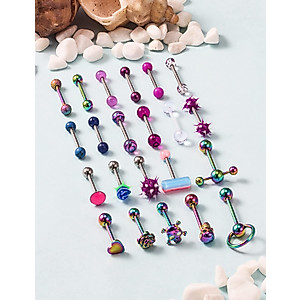 Ronbemo 22Pcs Assorted Styles 14G Tongue Rings Stainless Steel Tongue Piercing Barbells Long Tounge Piercing Jewelry for Women Men Rainbow