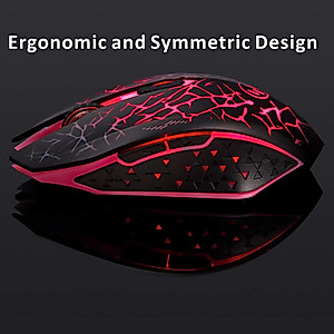 TENMOS K6 Wireless Gaming Mouse, Rechargeable Silent LED Optical Computer Mice with USB Receiver, 3 Adjustable DPI level and 6 Buttons, Auto Sleeping for Laptop/PC/Notebook (Red Light)
