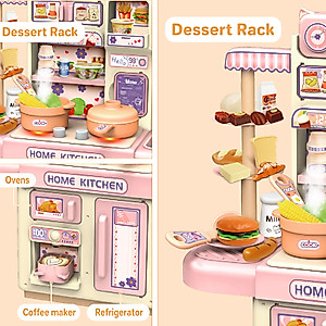 deAO Mini Kitchen Playset Toy,33 PCS Play Kitchen with Realistic Steam and Lights, Role Playing Game Pretend Food and Cooking Playset, Mini Kitchen Accessories Set for 3 4 Girls Boys