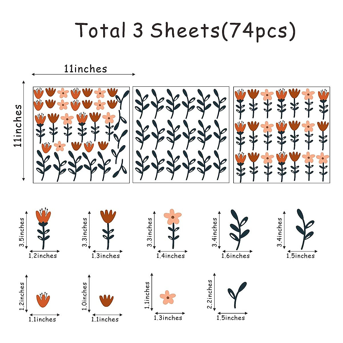 IKEYU Retro Boho Flower Wall Decals - Cute Green Leaf Wall Stickers for Nursery & Kids Bedroom, Retro Flower, IKEYU-31