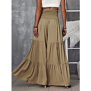 WDIRARA Women's Shirred Elastic Waist Tie Front Ruffle Hem Wide Leg Pants Khaki XL