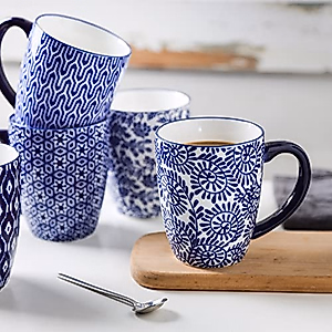 Selamica 16 oz Porcelain Coffee Mugs Set, Ceramic Tea Cup with Handle, dishwasher, oven, microwave safe, Christmas Gift, Pack of 6, Vintage Blue