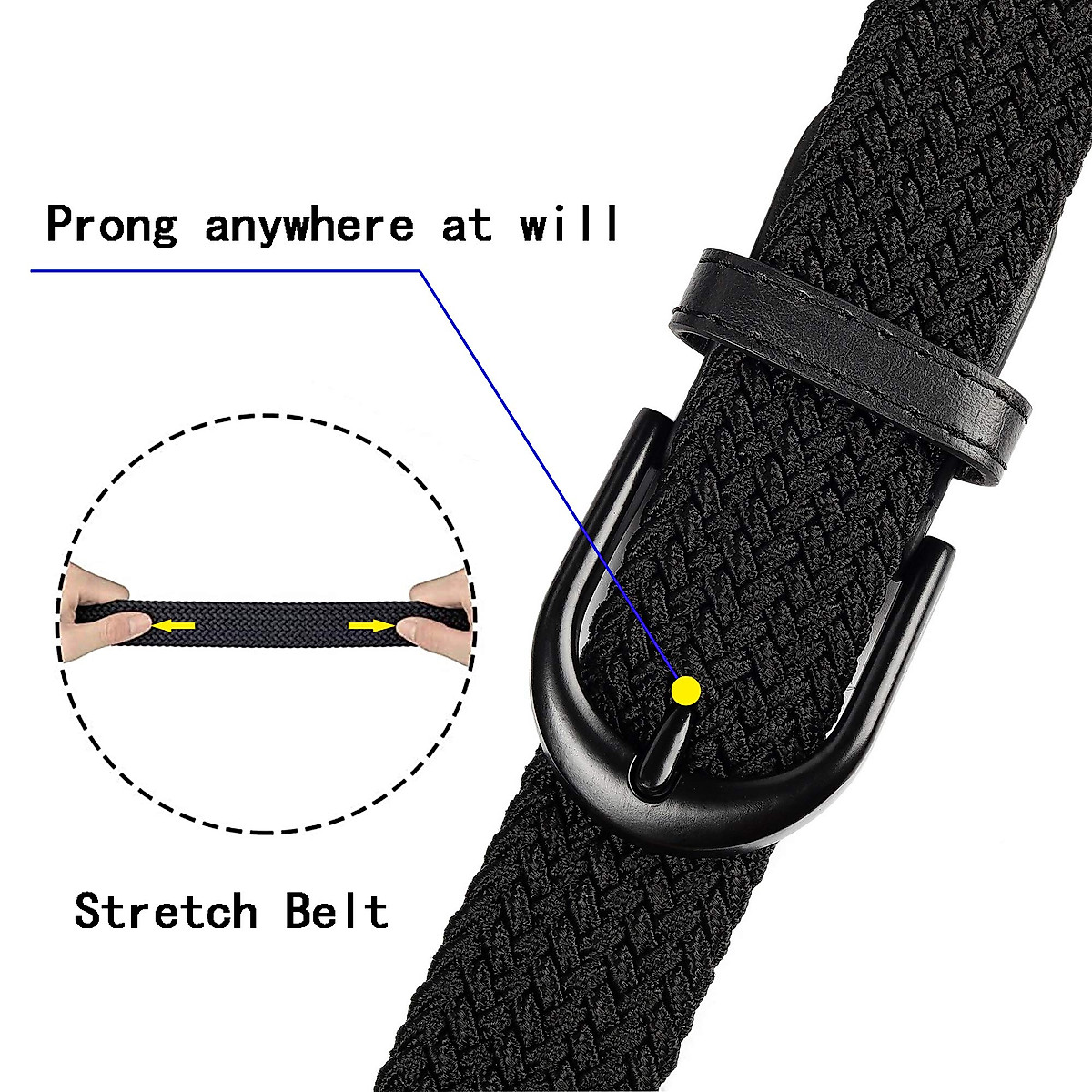 Mile High Life | Braided Stretch Elastic Belts | Pin Oval Solid Black Belt Buckle | PU Loop End Tip Men/Women/Junior