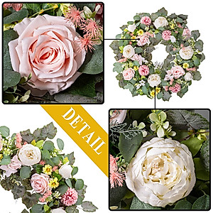 WANNA-CUL 24 Inch Large Spring Peony Flower Wreath for Front Door for Wedding,Pink Rose Floral Door Wreath with Rustic Grapevine Leaves,Bolocephalus Saussureoides for Wall