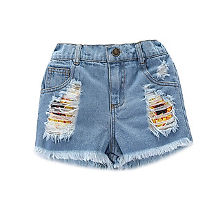 Toddler Kids Summer 2Pcs Baby Girl Off Shoulder Lace Flower Sling Tops with Ripped Shorts Jeans Clothes Set (H# Sunflower Top & Floral Shorts, 3-4 Years)