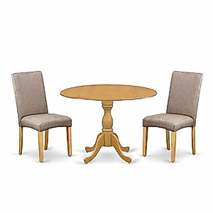 East West Furniture DMDR3-OAK-16 3 Piece Dining Room Table Set Contains a Round Kitchen Table with Dropleaf and 2 Dark Khaki Linen Fabric Parson Dining Chairs, 42x42 Inch, Oak