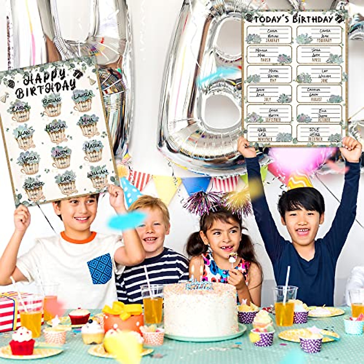 2 Pieces Happy Birthday Poster Chart, Eucalyptus Happy Birthday Bulletin Decorations for Classroom, Birthday Calendar Poster, Succulent Birthday Bulletin Board for Class, School, Office, 17 x 22 inch