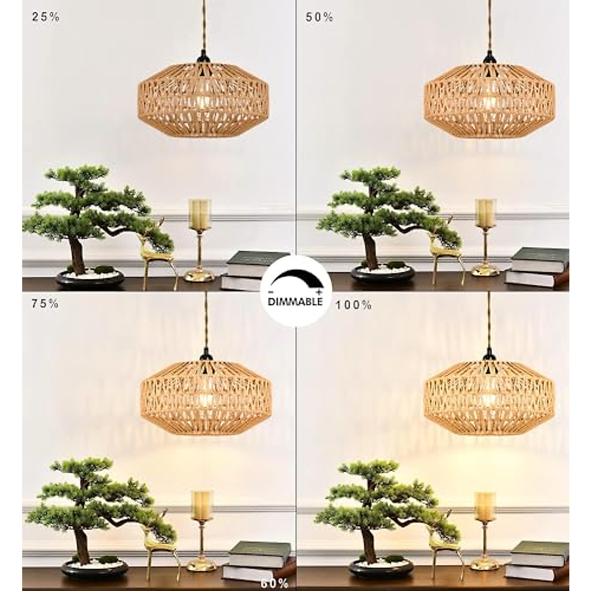 QIYIZM Plug in Pendant Light Hanging Lights with Cord Rattan Boho Hanging Lamp Dimmable,Wicker Bamboo Woven Lamp Shade,Ceiling Light Fixture for Living Room Bedroom Kitchen