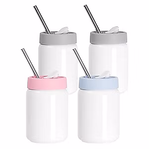 PYD Life Sublimation Mason Jar Tumbler Blanks White 16 OZ with Silicon Lid and Metal Straw Stainless Steel Cups Mugs for Cricut Mug Press and Tumbler Press Print 4 Pack