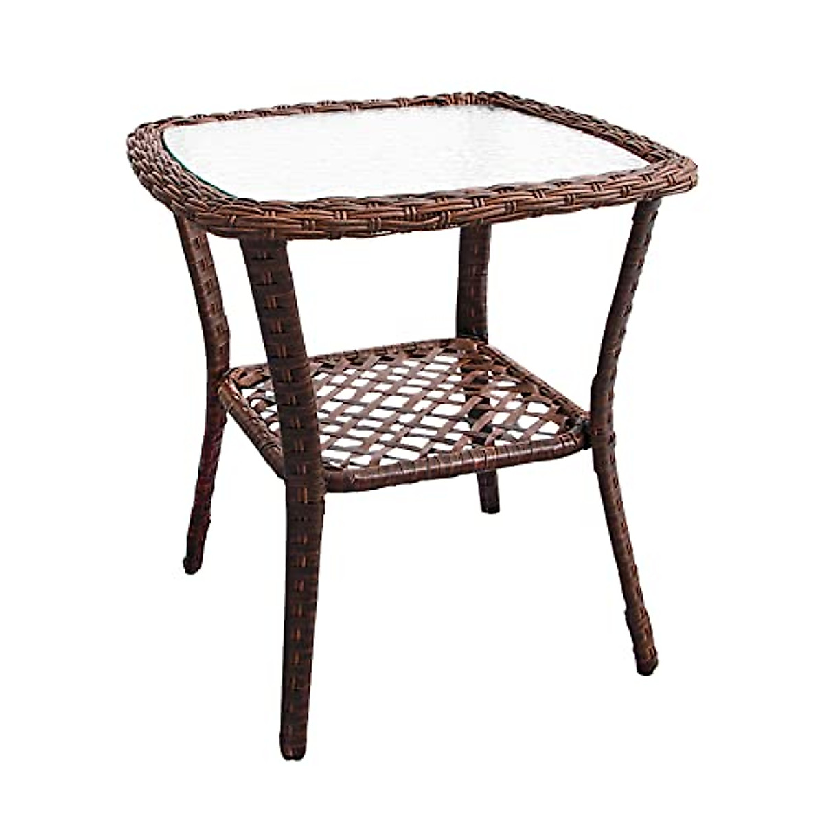 DIMAR GARDEN Outdoor Side Table Wicker Patio Coffee Table with Glass Top and Storage Shelf,Mixed Brown