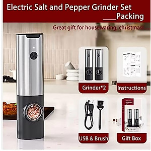 Electric Salt and Pepper Grinder Set, 2 Pepper Mills, Rechargeable With Dual Charging Base, Built-in Battery, Easy One Handed Operation, Ceramic Grinding Core, Adjustable Coarseness, White LED Light