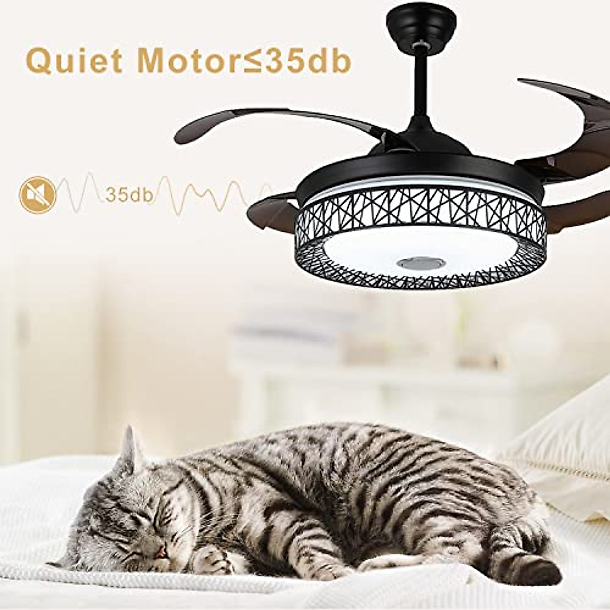 MoreChange 42” Retractable Ceiling Fans with Lights and Remote Control, Invisible Modern Chandelier Fan Lighting with Bluetooth Speaker Play Music 7 Colorful Dimmable Fixture for Bedroom/Living Room
