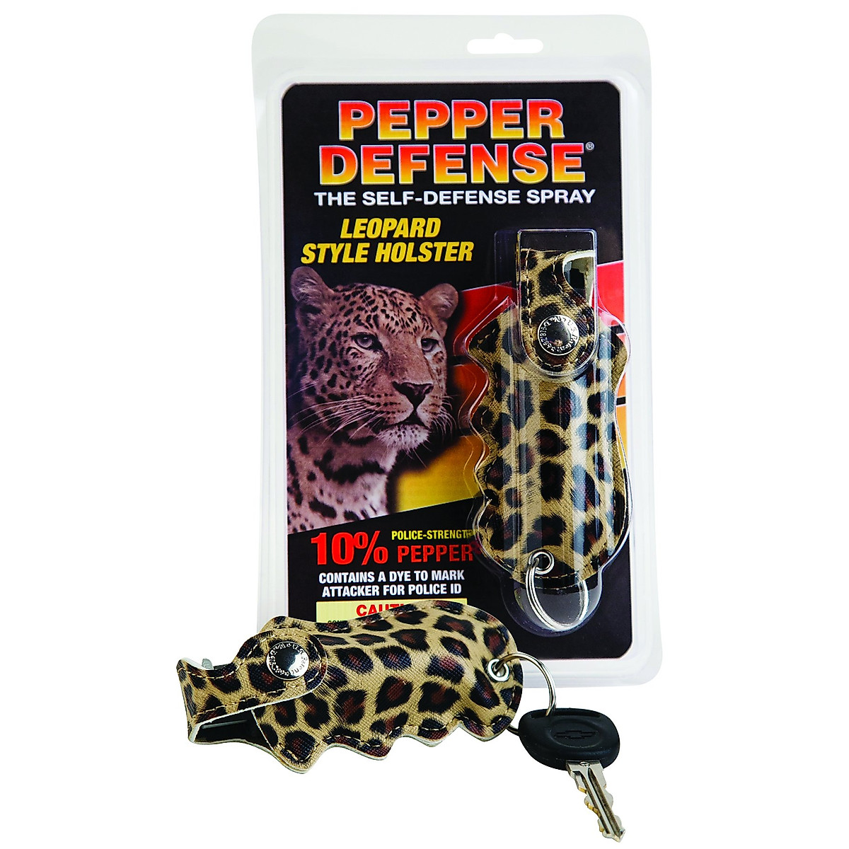 Pepper Defense 1/2 oz. Pepper Spray with Grip Holster and Keychain Attachment - Safety Twist Lock Glow Trigger - Maximum Strength 10% OC Formula - Self Defense Personal Protection (Leopard 1-Pack)